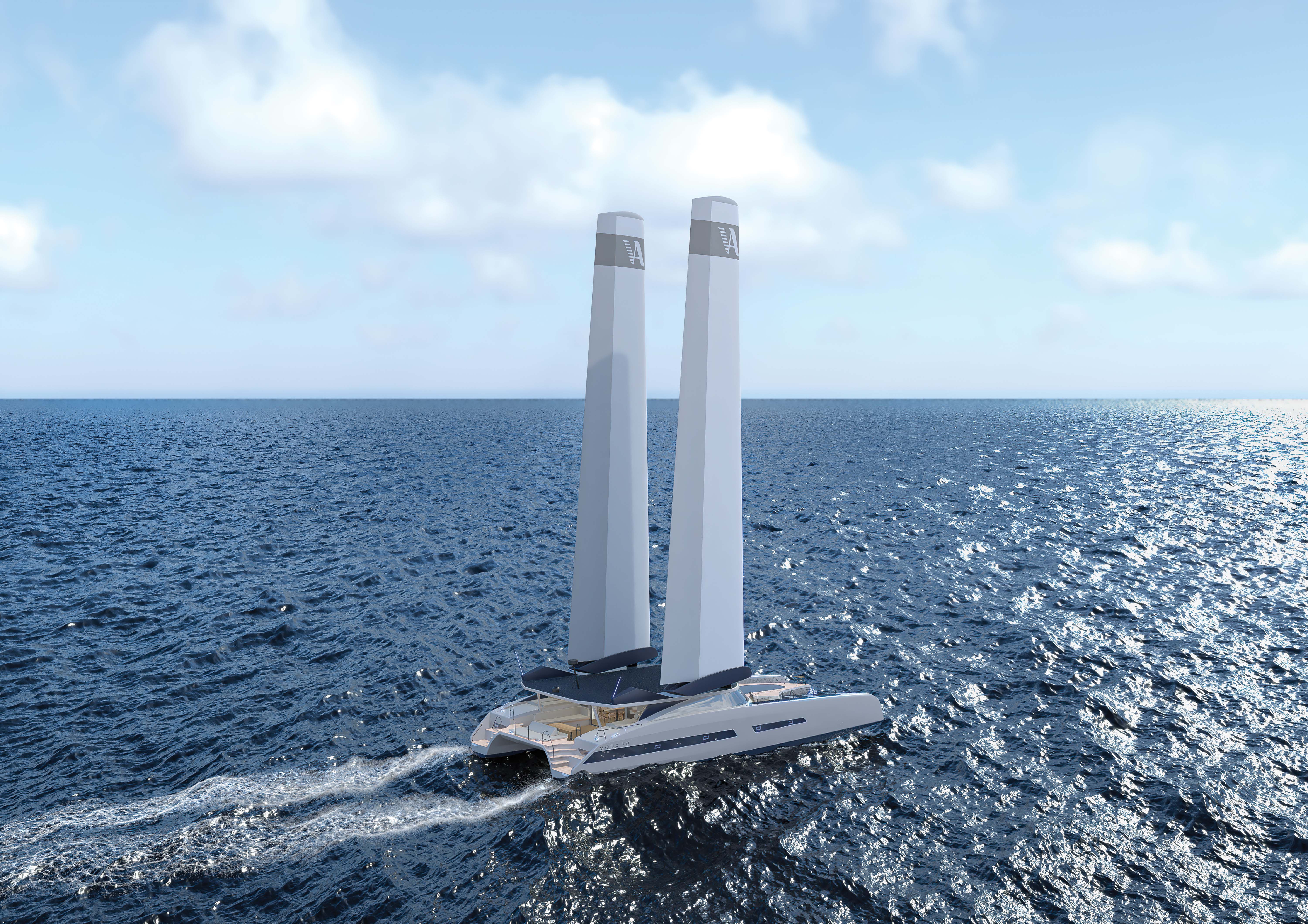 MODX 70 - A 100% electric catamaran featuring a twin rig and wide sails ...